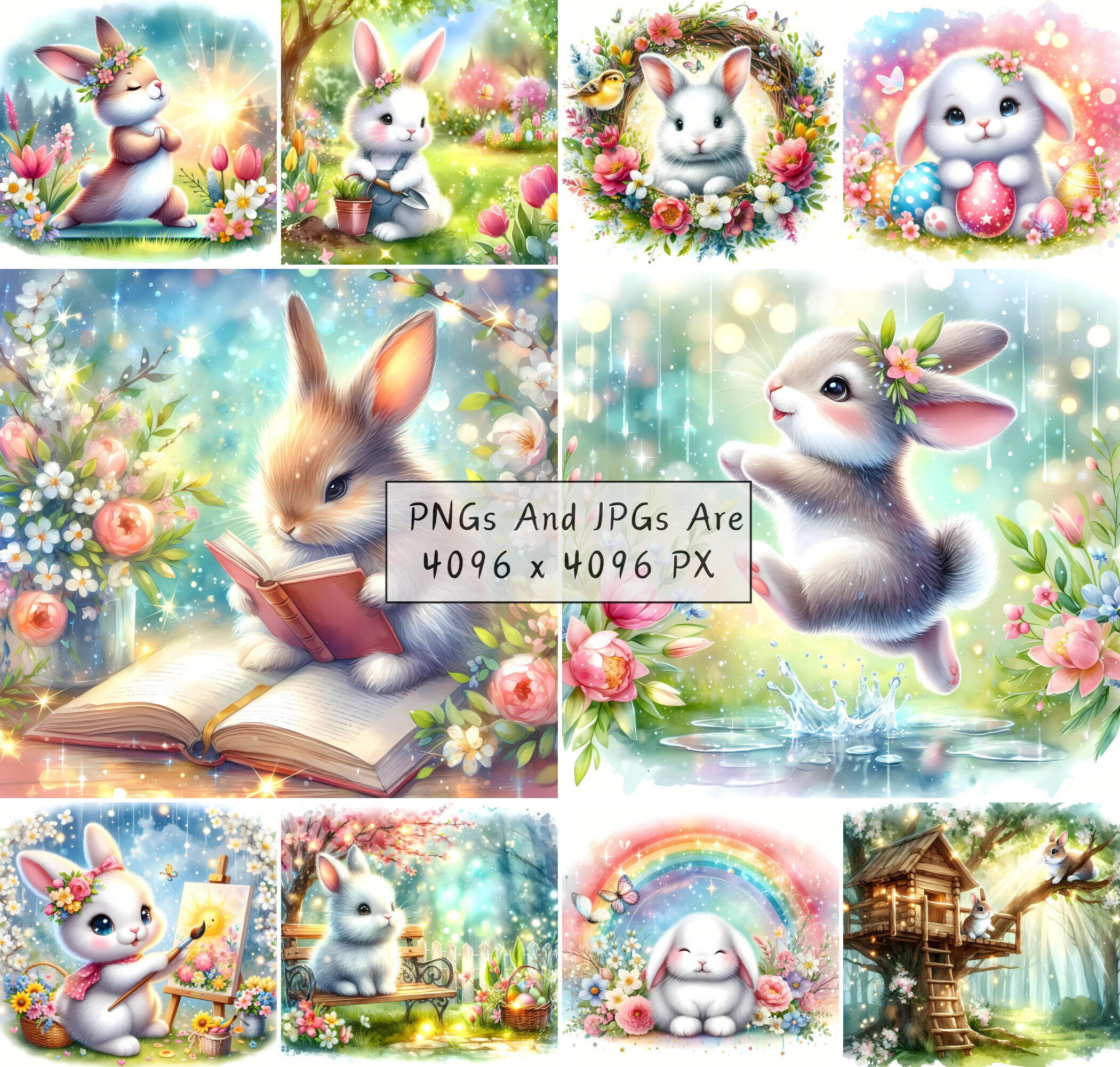 Cute Spring Bunny Clipart Bundle, Watercolor Clip Art Images, 20 High ...
