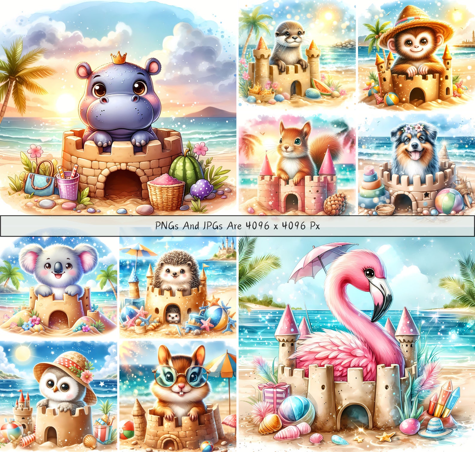 Cute Summer Sandcastle Animals Clipart Bundle, Watercolor Ocean Clip ...