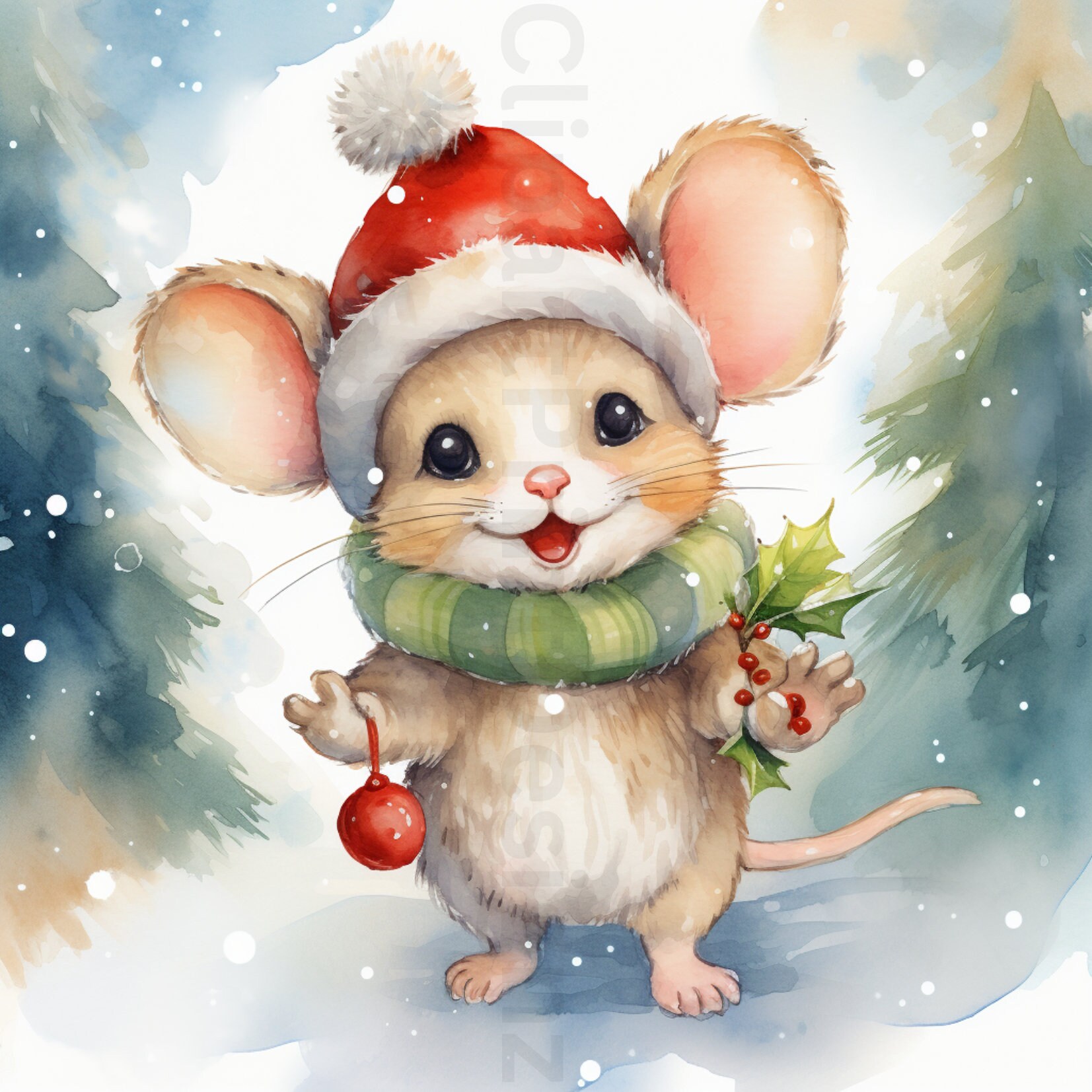 13 Cute Watercolor Christmas Mice, Christmas Mouse Clipart Bundle, 13 ...