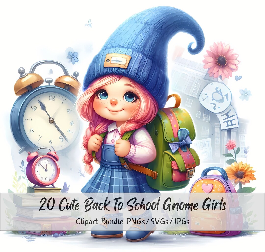 Cute Back to School Gnome Girls Clipart Bundle, Watercolor Gnome Clip ...