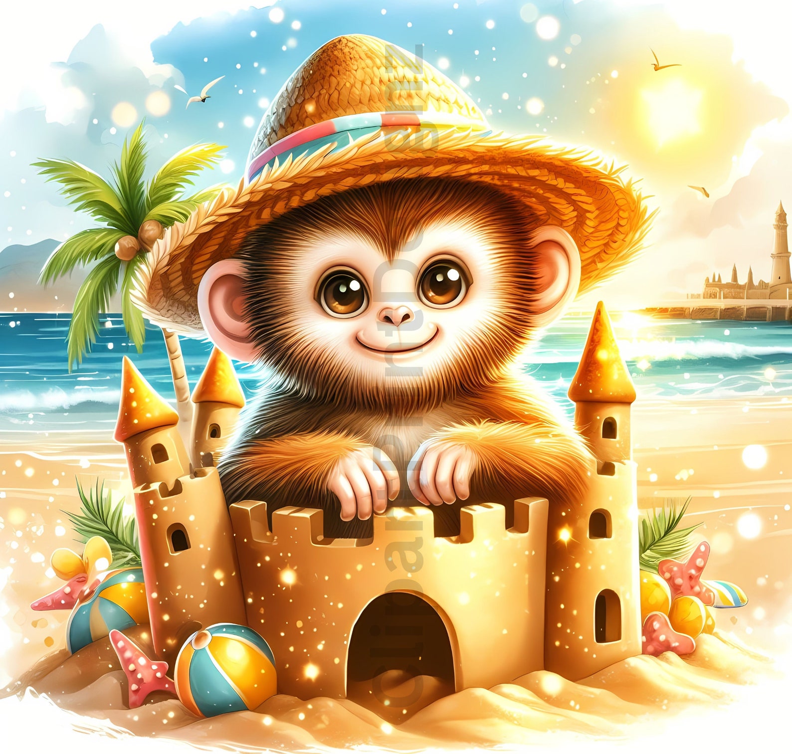 Cute Summer Monkeys Clipart Bundle, Watercolor Monkey Clip Art Images ...