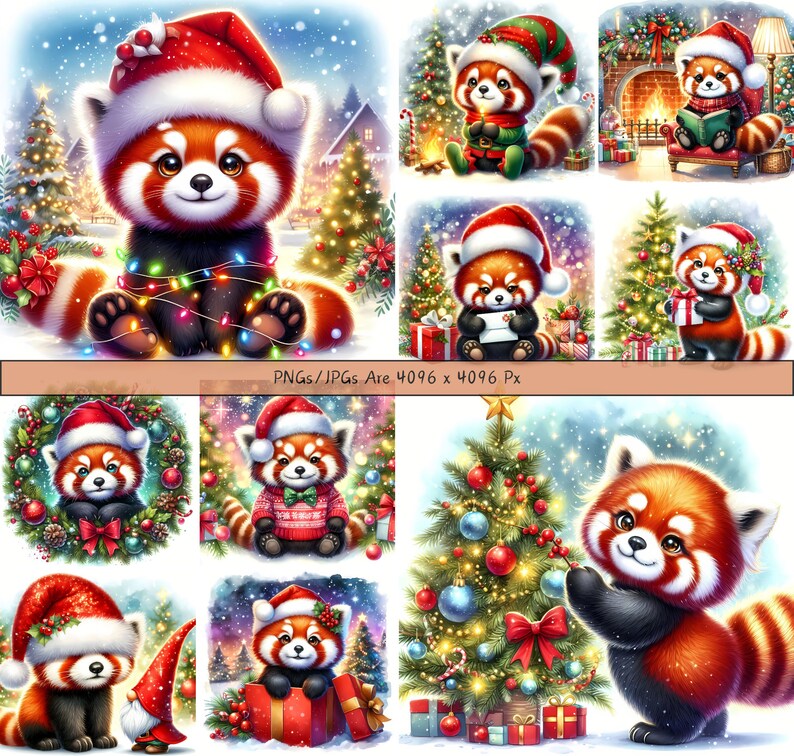Cute Christmas Red Panda Clipart Bundle, Xmas Panda Clip Art Images ...