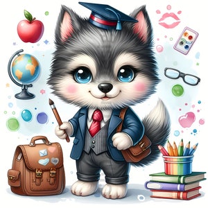 Cute Back to School Wolves Clipart Bundle, Watercolor Wolf Clip Art ...