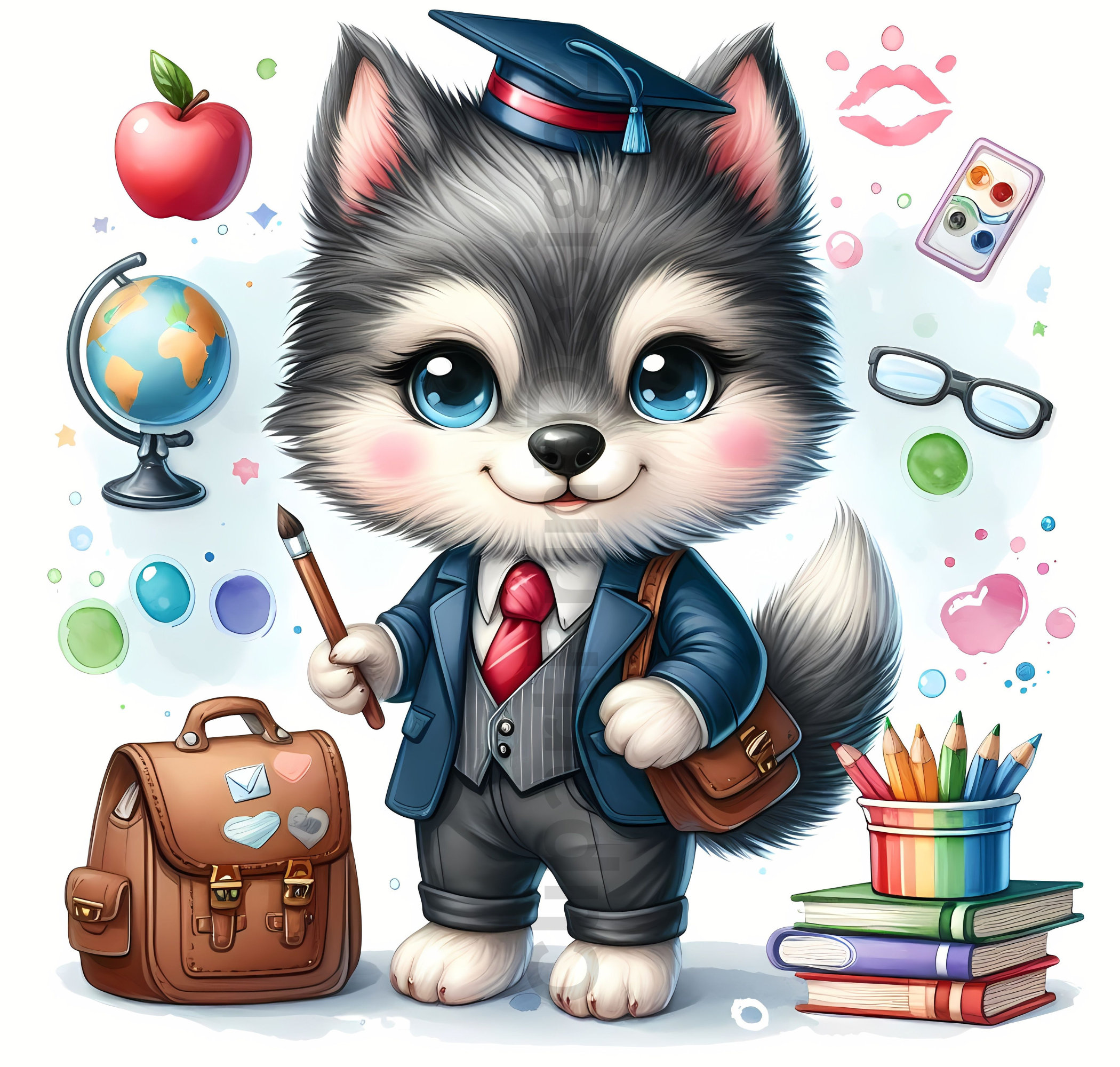 Cute Back to School Wolves Clipart Bundle, Watercolor Wolf Clip Art ...