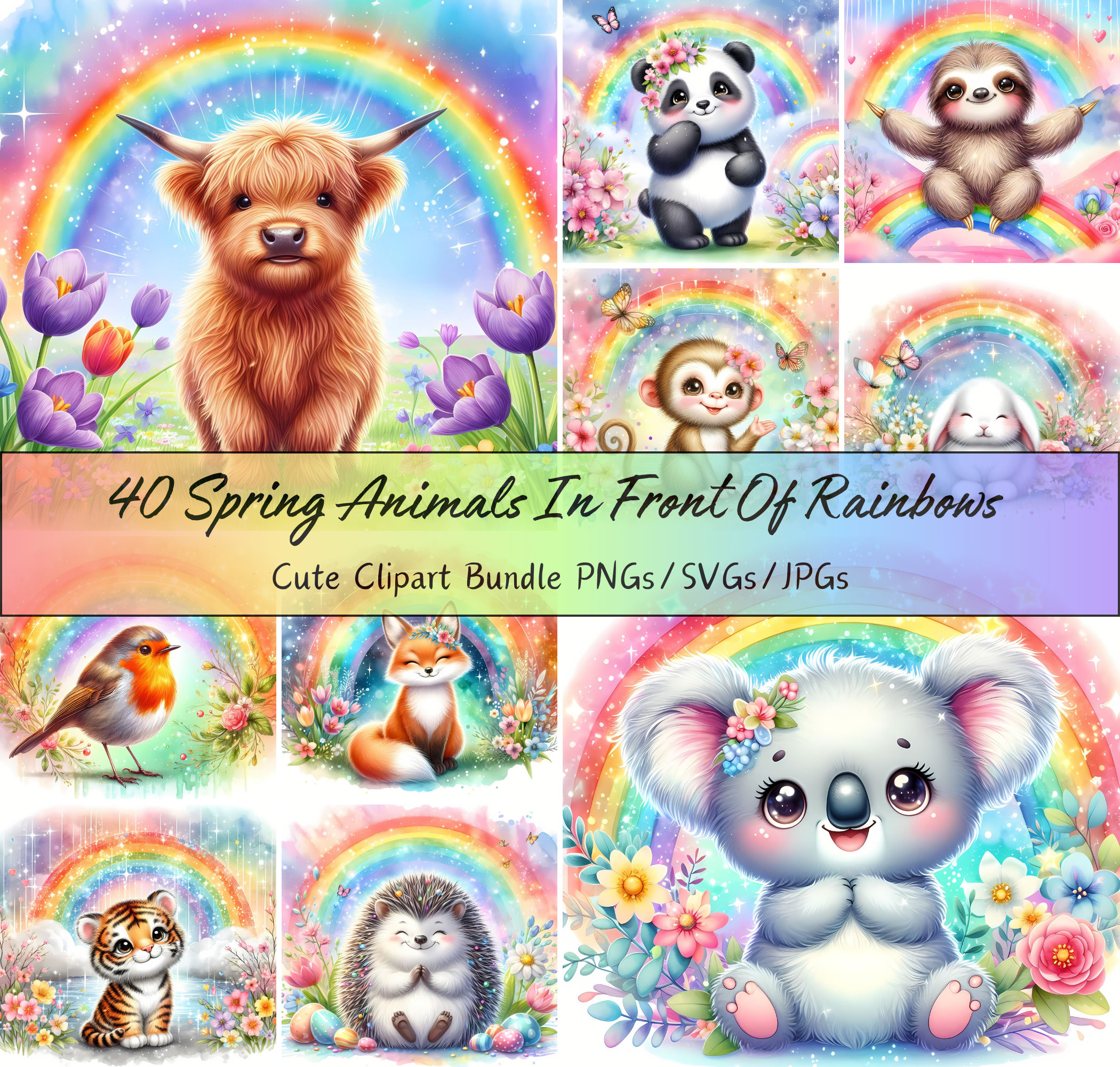 Cute Spring Animals and Rainbows Clipart Bundle, Watercolor Clip Art ...