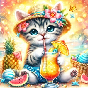 Cute Summer Kittens Clipart Bundle, Watercolor Kitten Clip Art Images ...