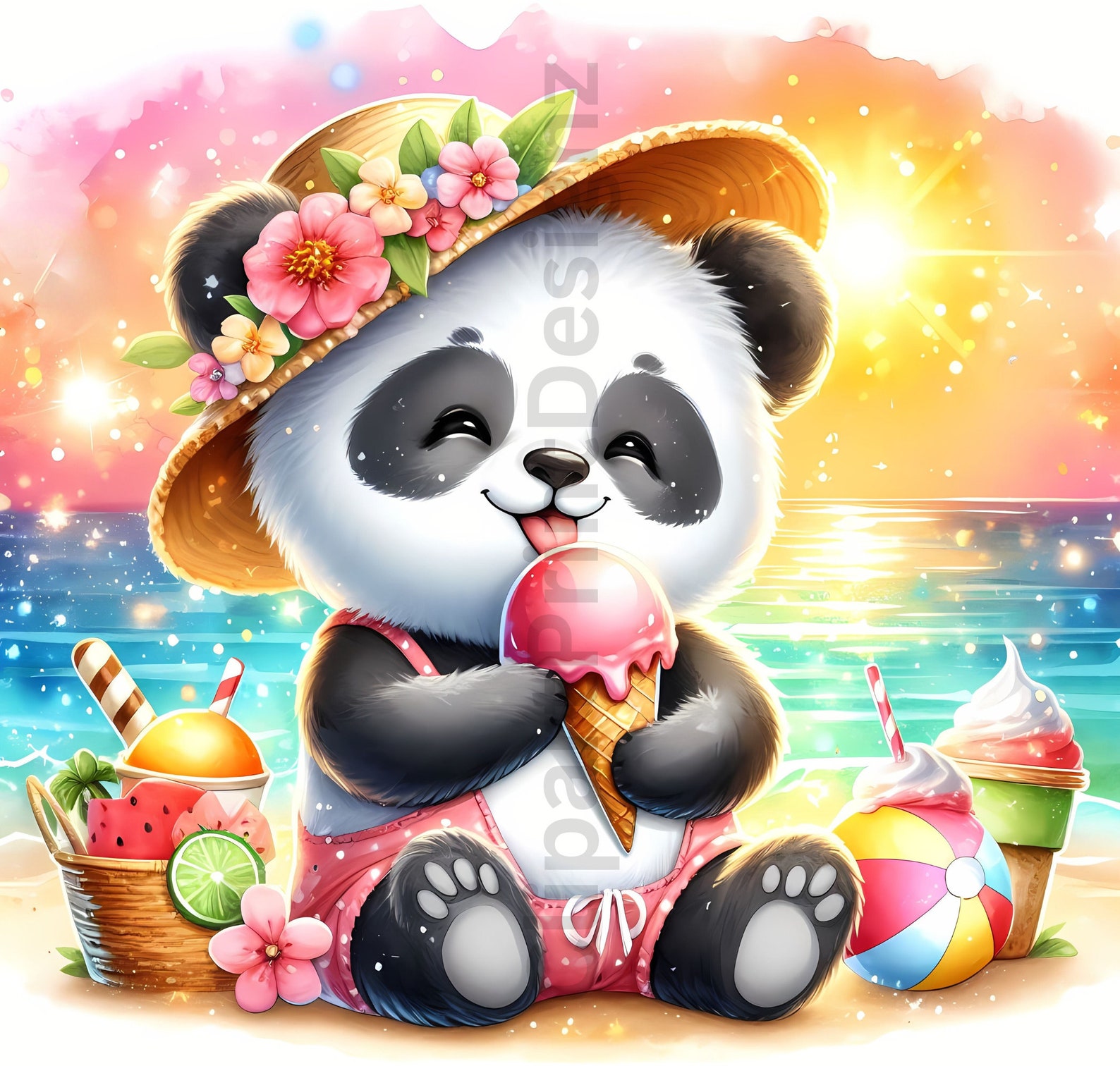 Cute Summer Pandas Clipart Bundle, Watercolor Panda Clip Art Images ...