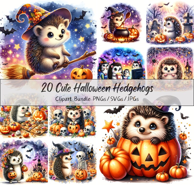 Cute Halloween Hedgehogs Clipart Bundle, Watercolor Hedgehog Clip Art ...