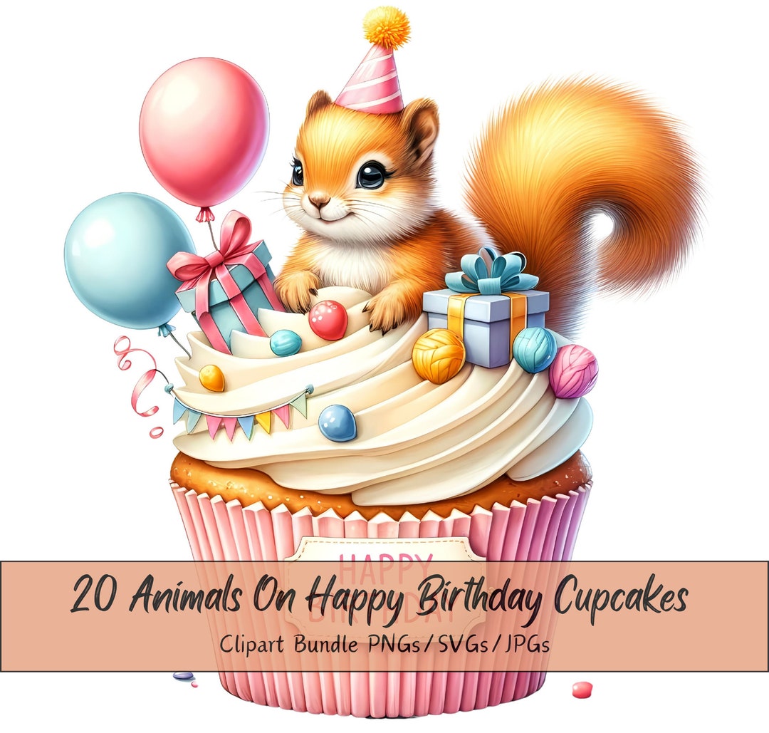 Cute Animals in Happy Birthday Cupcakes Clipart Bundle, Watercolor Clip ...