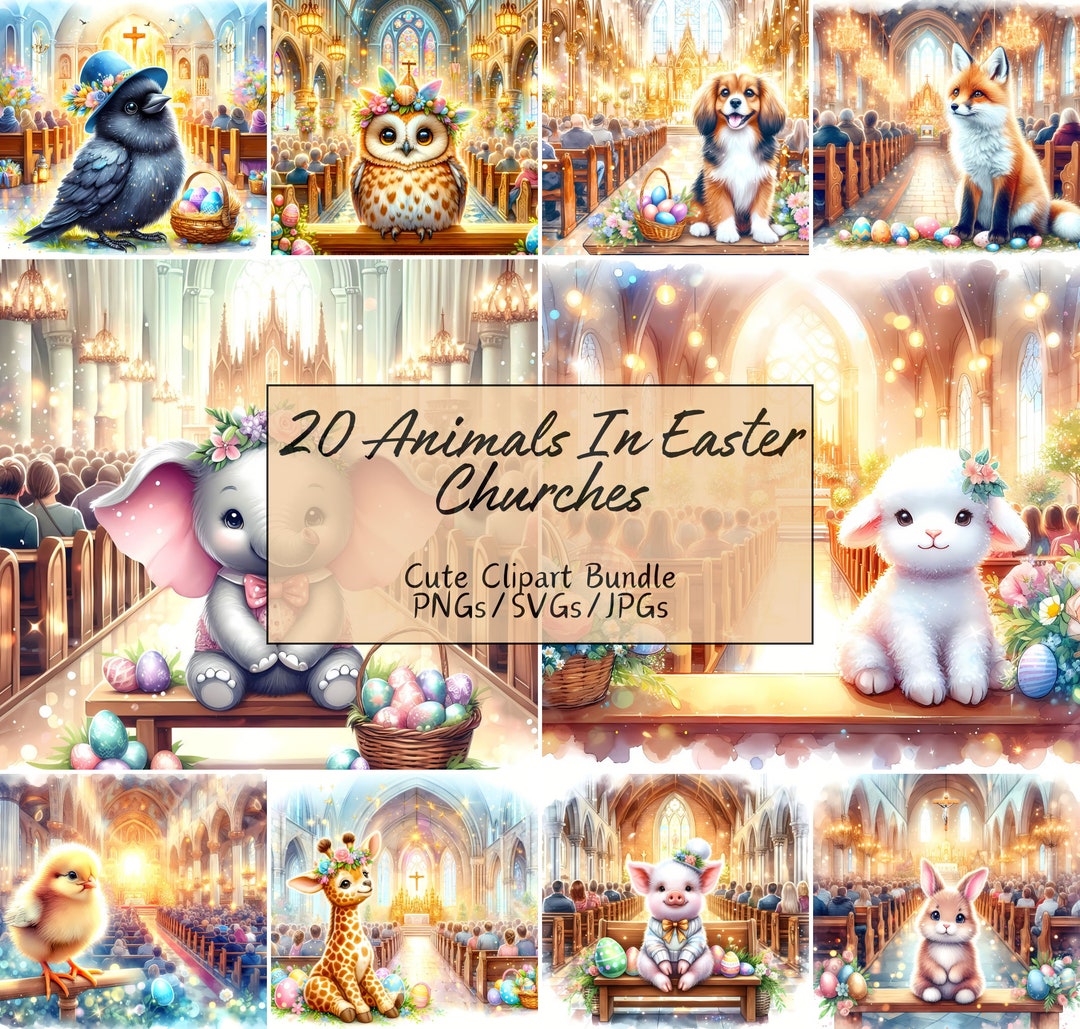 Cute Animals in Easter Churches Clipart, High Quality Watercolor Animal ...