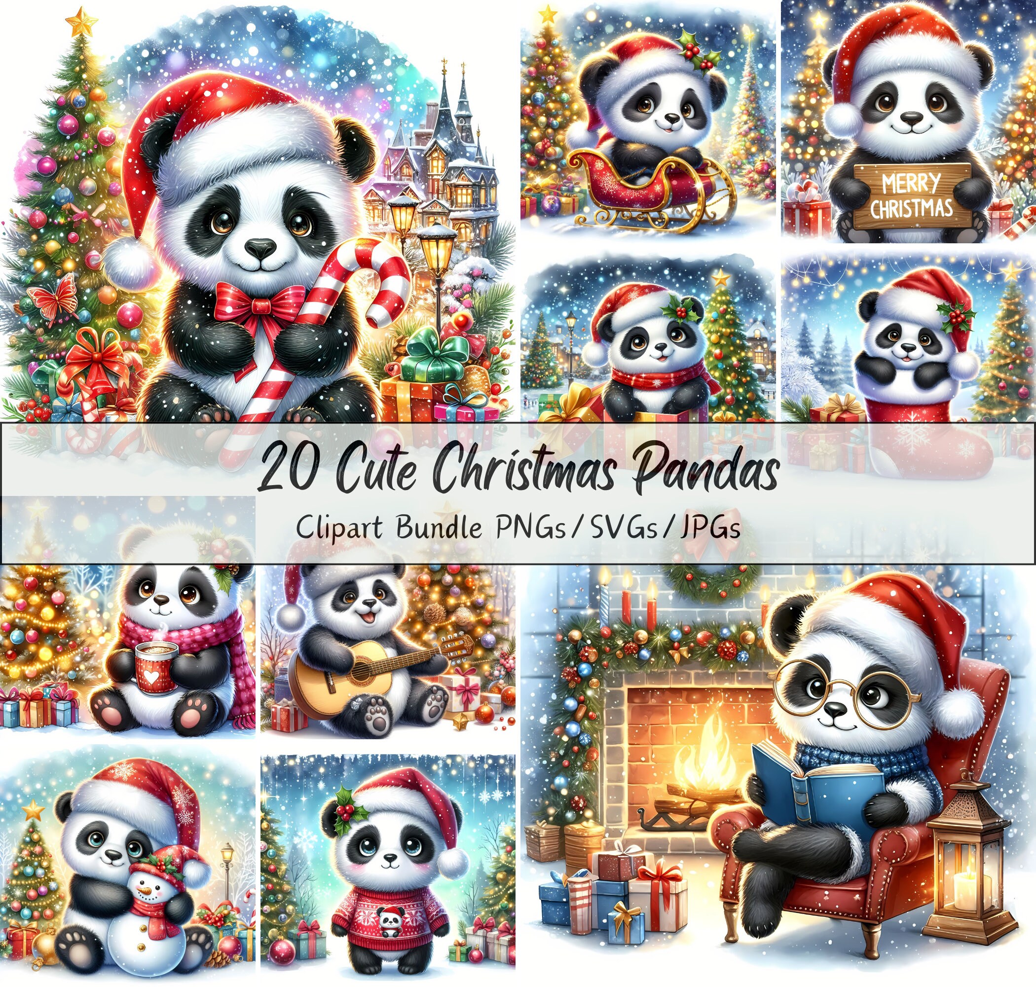 Cute Christmas Pandas Clipart Bundle, Xmas Panda Clip Art Images ...