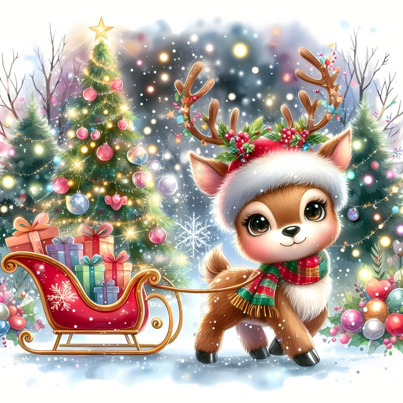 15 Cute Watercolor Christmas Reindeer, Christmas Clipart Bundle ...