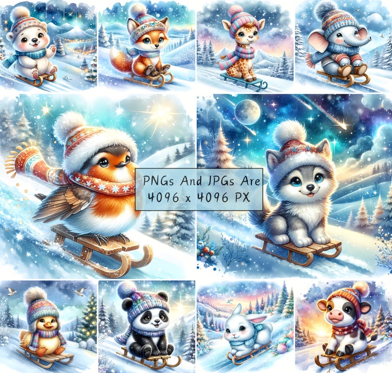 Cute Winter Animals Sledding Clipart Bundle, Festive Watercolor Clip ...