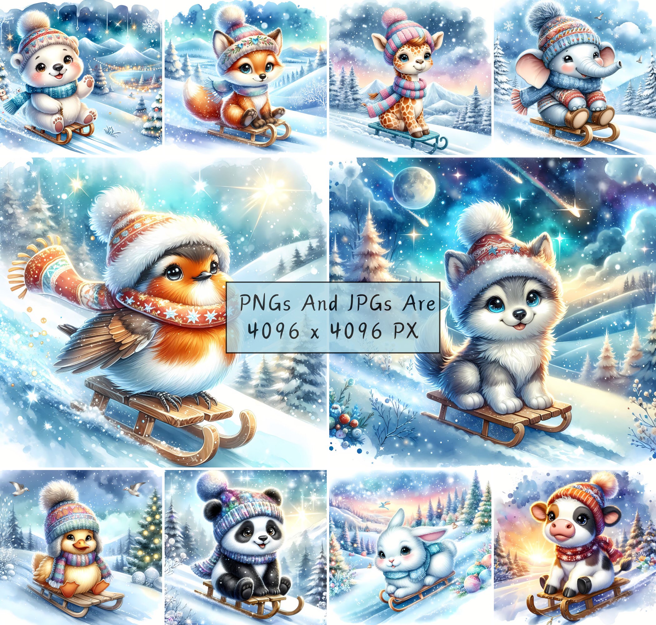 Cute Winter Animals Sledding Clipart Bundle, Festive Watercolor Clip ...
