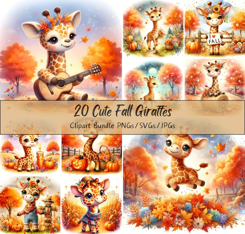 Cute Fall Giraffes Clipart Bundle, Watercolor Giraffe Clip Art Images ...
