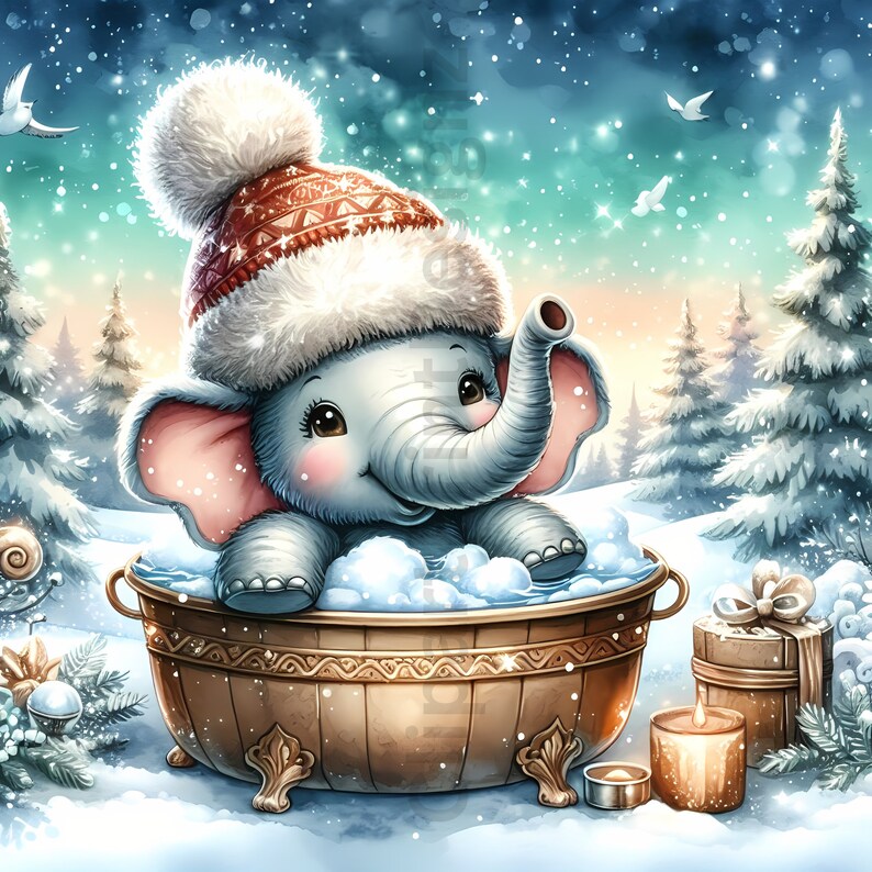 Cute Winter Elephant Clipart Bundle, Festive Watercolor Clip Art Images ...