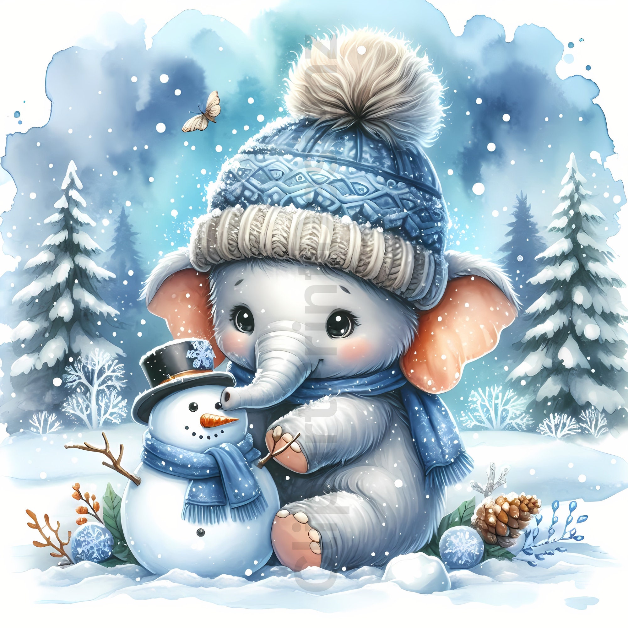 Cute Winter Elephant Clipart Bundle, Festive Watercolor Clip Art Images ...