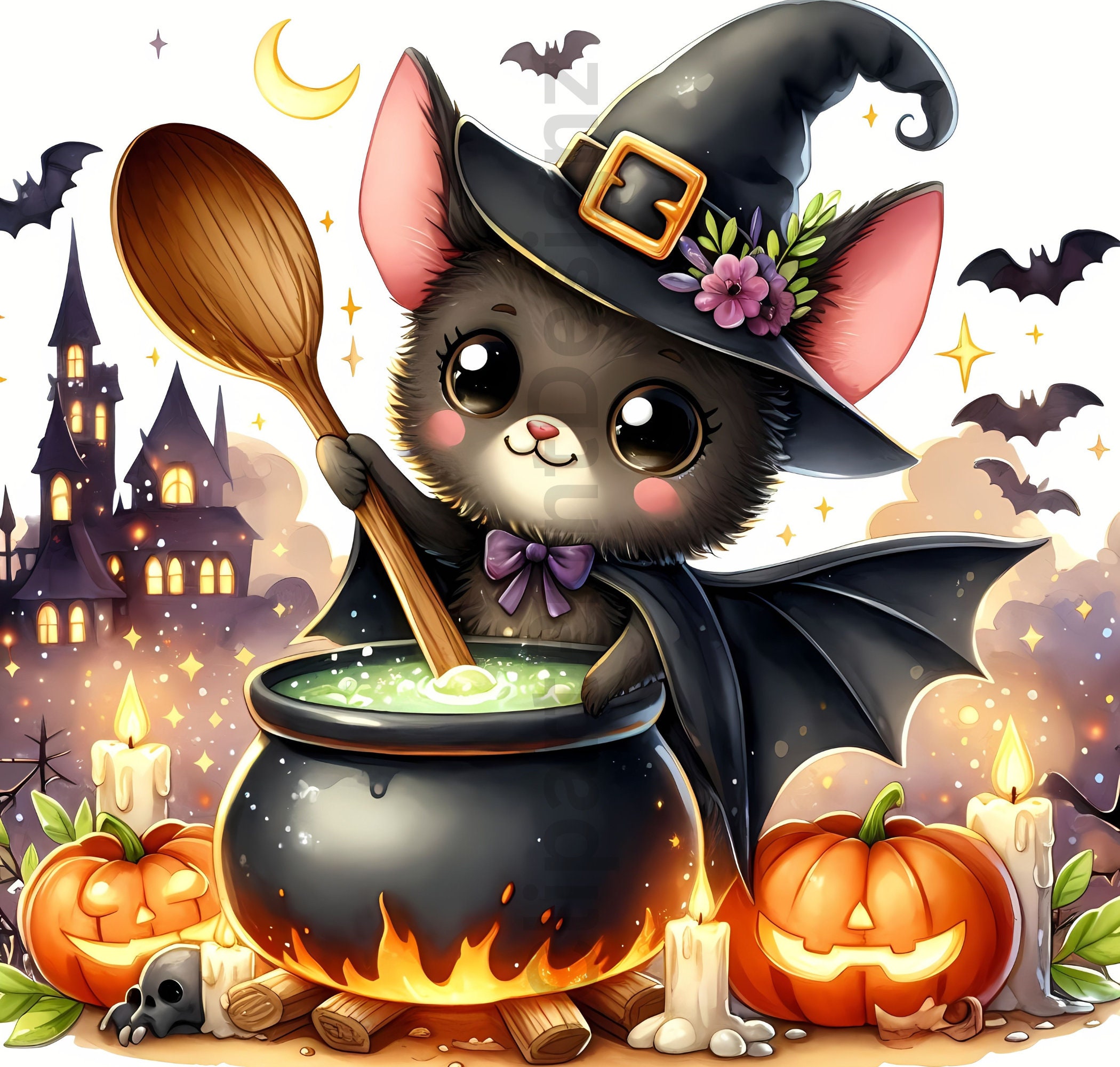 Cute Halloween Bats Clipart Bundle, Watercolor Bat Clip Art Images ...