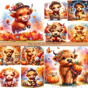 Cute Fall Highland Cows Clipart Bundle, Watercolor Autumn Cow Clip Art ...