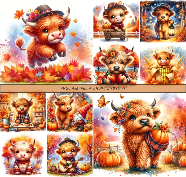 Cute Fall Highland Cows Clipart Bundle, Watercolor Autumn Cow Clip Art ...