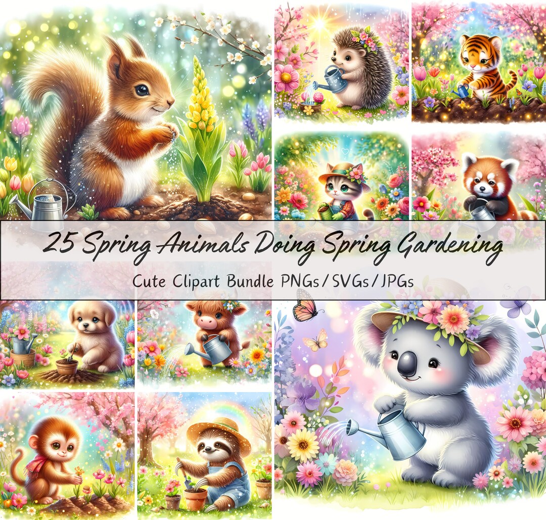 Cute Spring Animals Doing Spring Gardening Clipart Bundle, Watercolor ...
