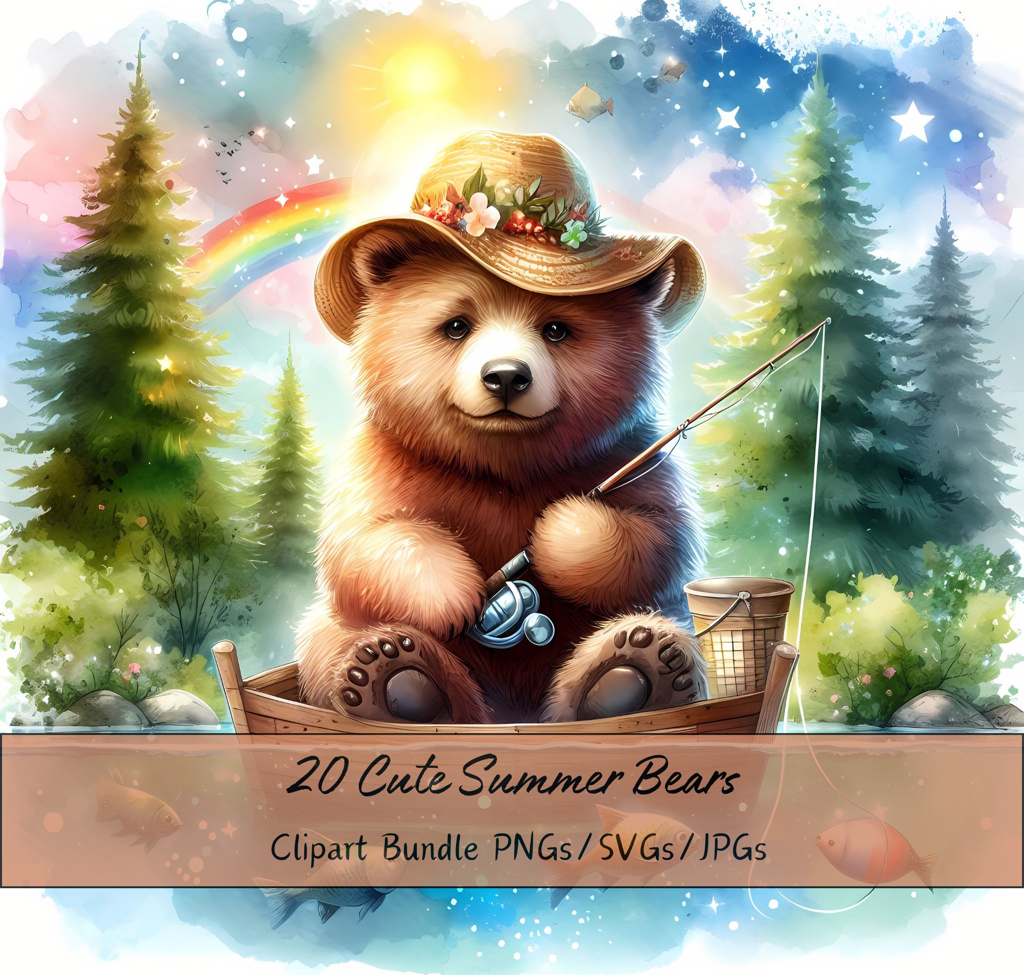 Cute Summer Bears Clipart Bundle, Watercolor Bear Clip Art Images, High ...