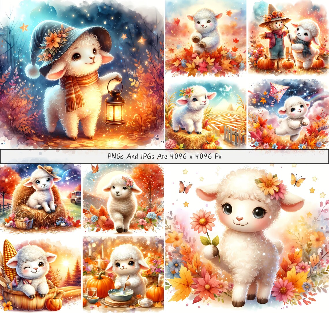 Cute Fall Lambs Clipart Bundle, Watercolor Lamb Clip Art Images, High ...