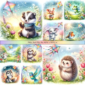 Cute Spring Animals Kite Flying Clipart Bundle, Watercolor Clip Art ...