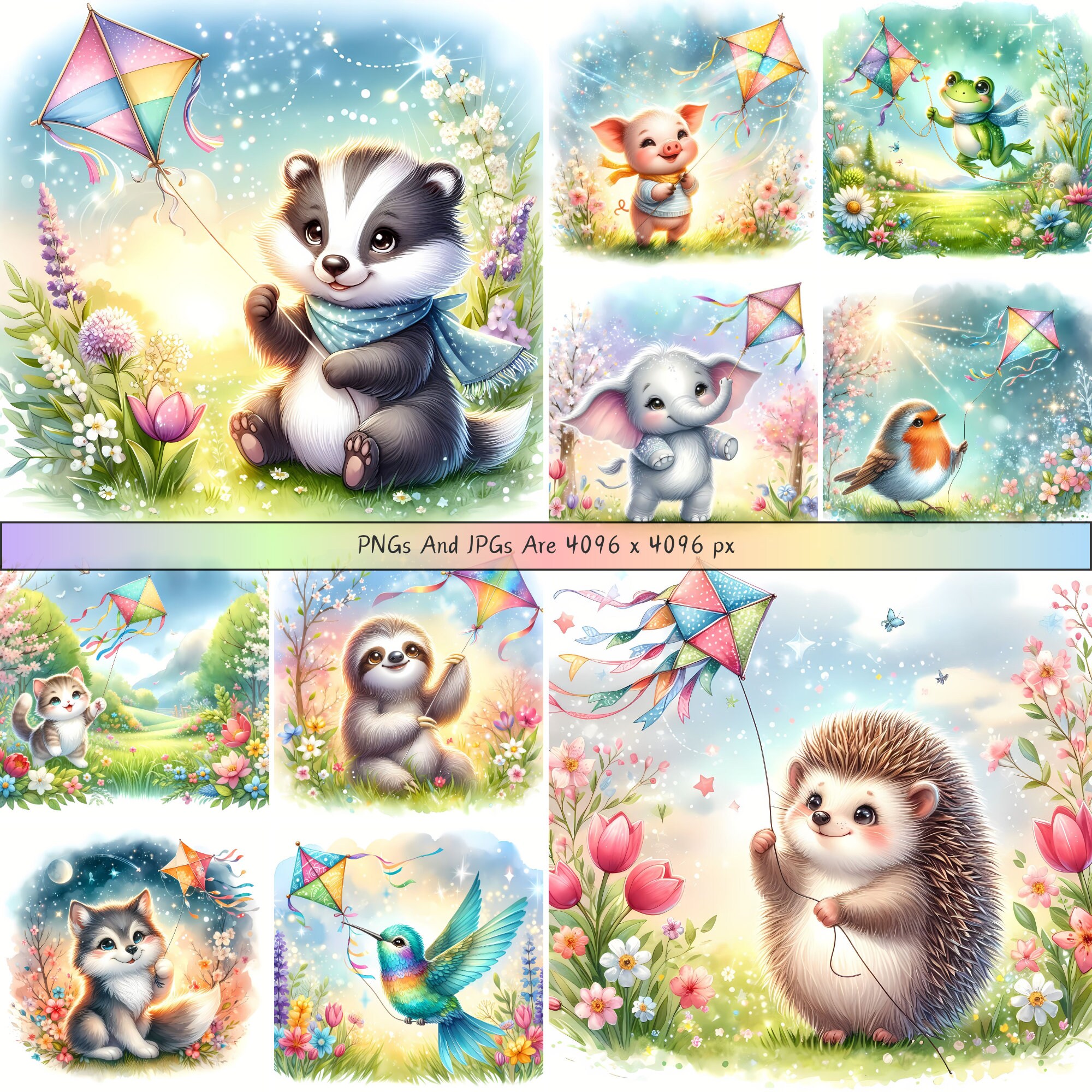 Cute Spring Animals Kite Flying Clipart Bundle, Watercolor Clip Art ...