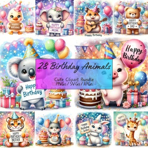Cute Happy Birthday Animals Clipart Bundle, Festive Watercolor Clip Art ...