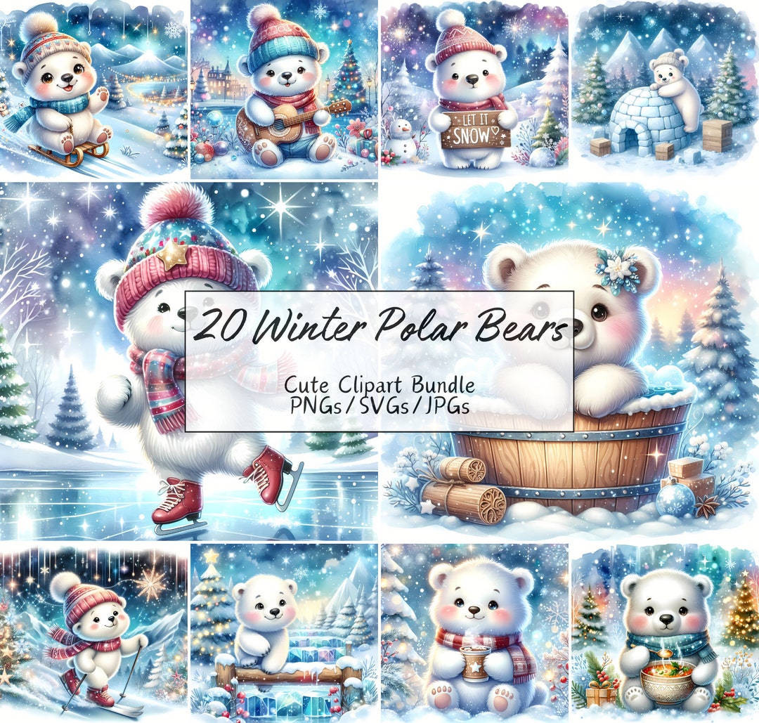 Cute Winter Polar Bear Clipart Bundle, Festive Watercolor Clip Art ...