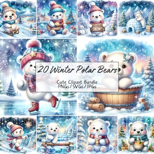 Cute Winter Polar Bear Clipart Bundle, Festive Watercolor Clip Art ...