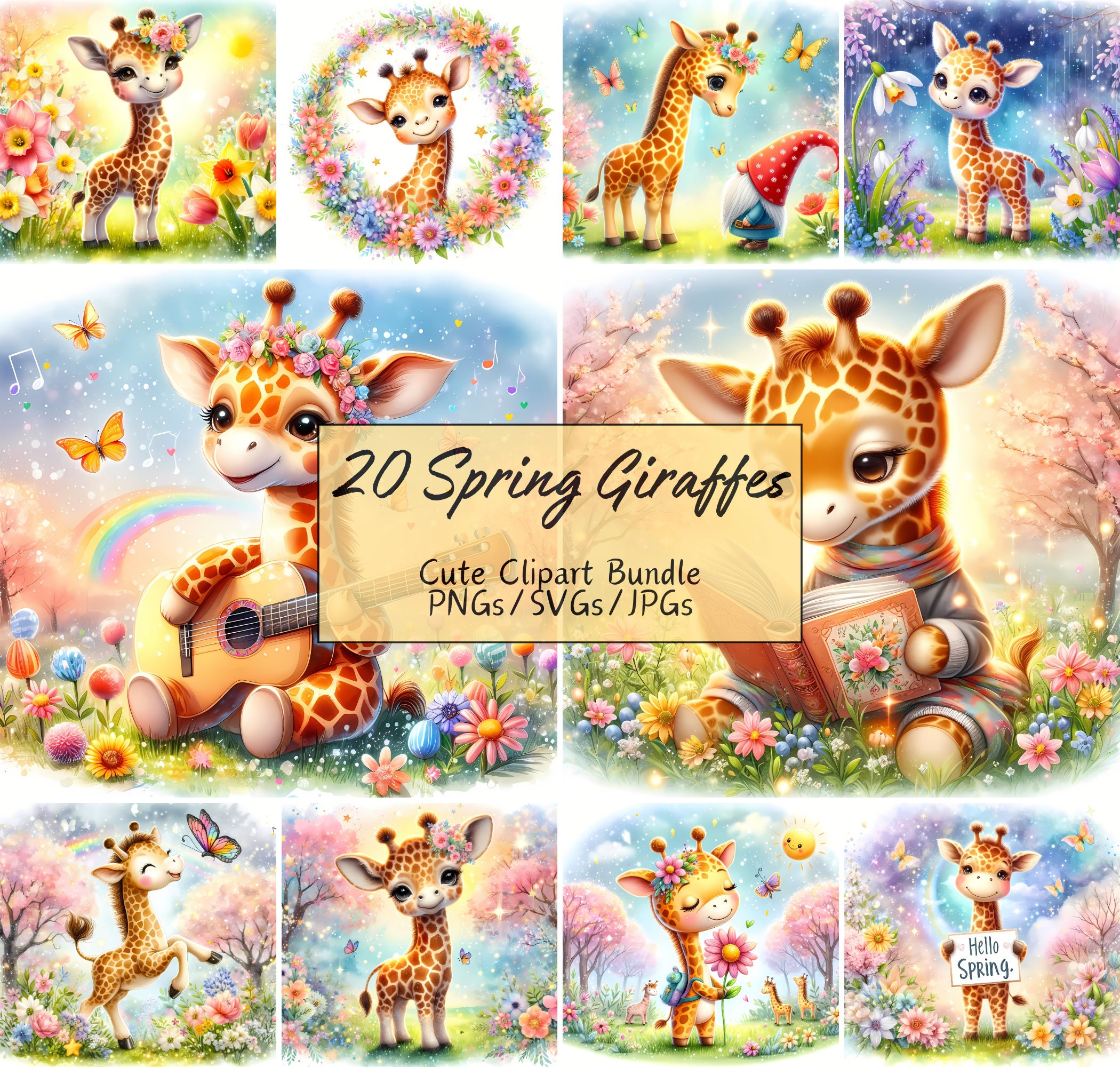 Cute Spring Giraffes Clipart Bundle, Watercolor Clip Art Images, High ...