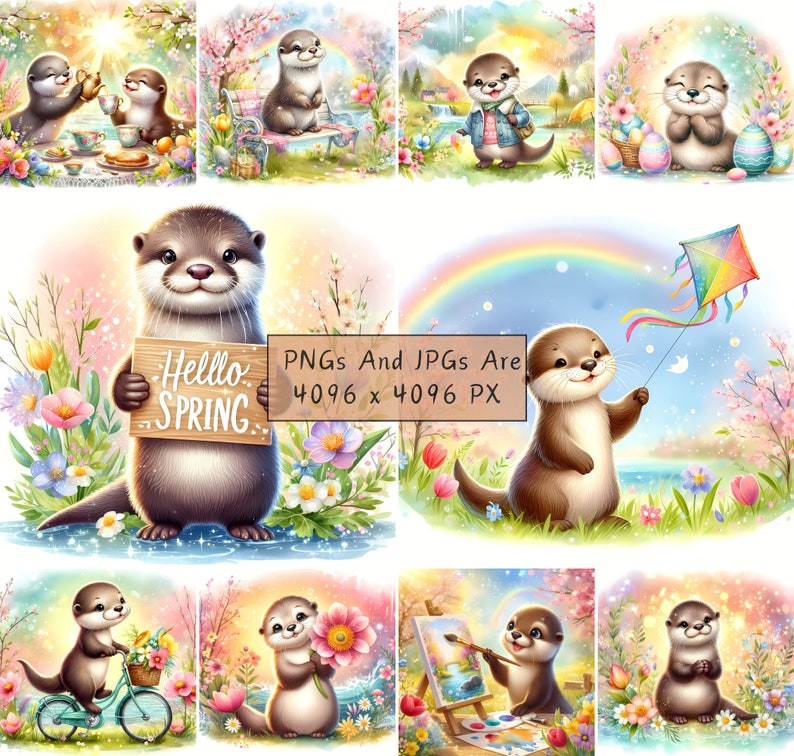 Cute Spring Otters Clipart Bundle, Watercolor Clip Art Images, High ...
