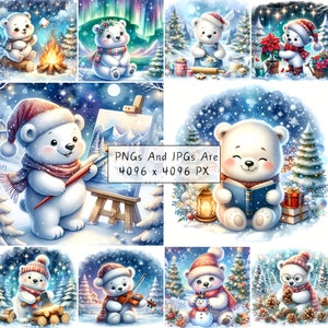 Cute Winter Polar Bear Clipart Bundle, Festive Watercolor Clip Art ...