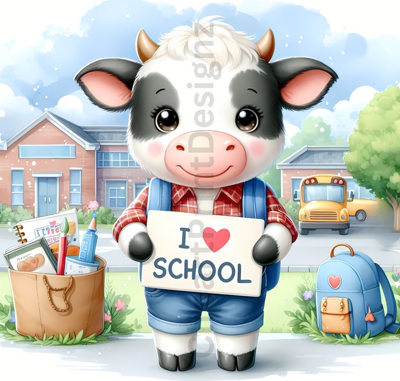 Cute Back to School Cows Clipart Bundle, Watercolor Cow Clip Art Images ...