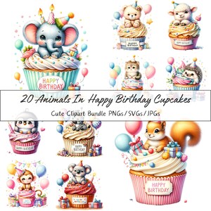 Cute Animals in Happy Birthday Cupcakes Clipart Bundle, Watercolor Clip ...