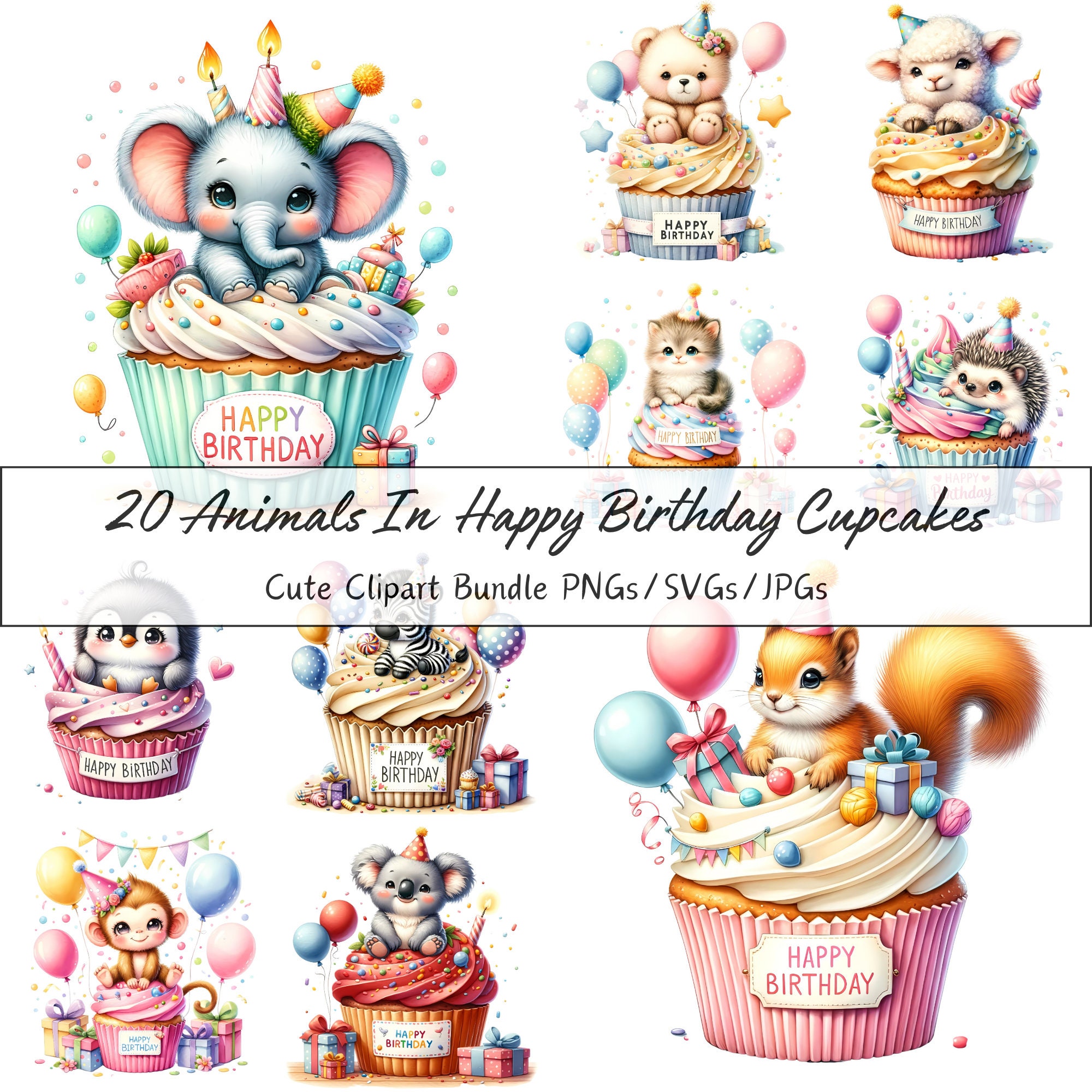 Cute Animals in Happy Birthday Cupcakes Clipart Bundle, Watercolor Clip ...