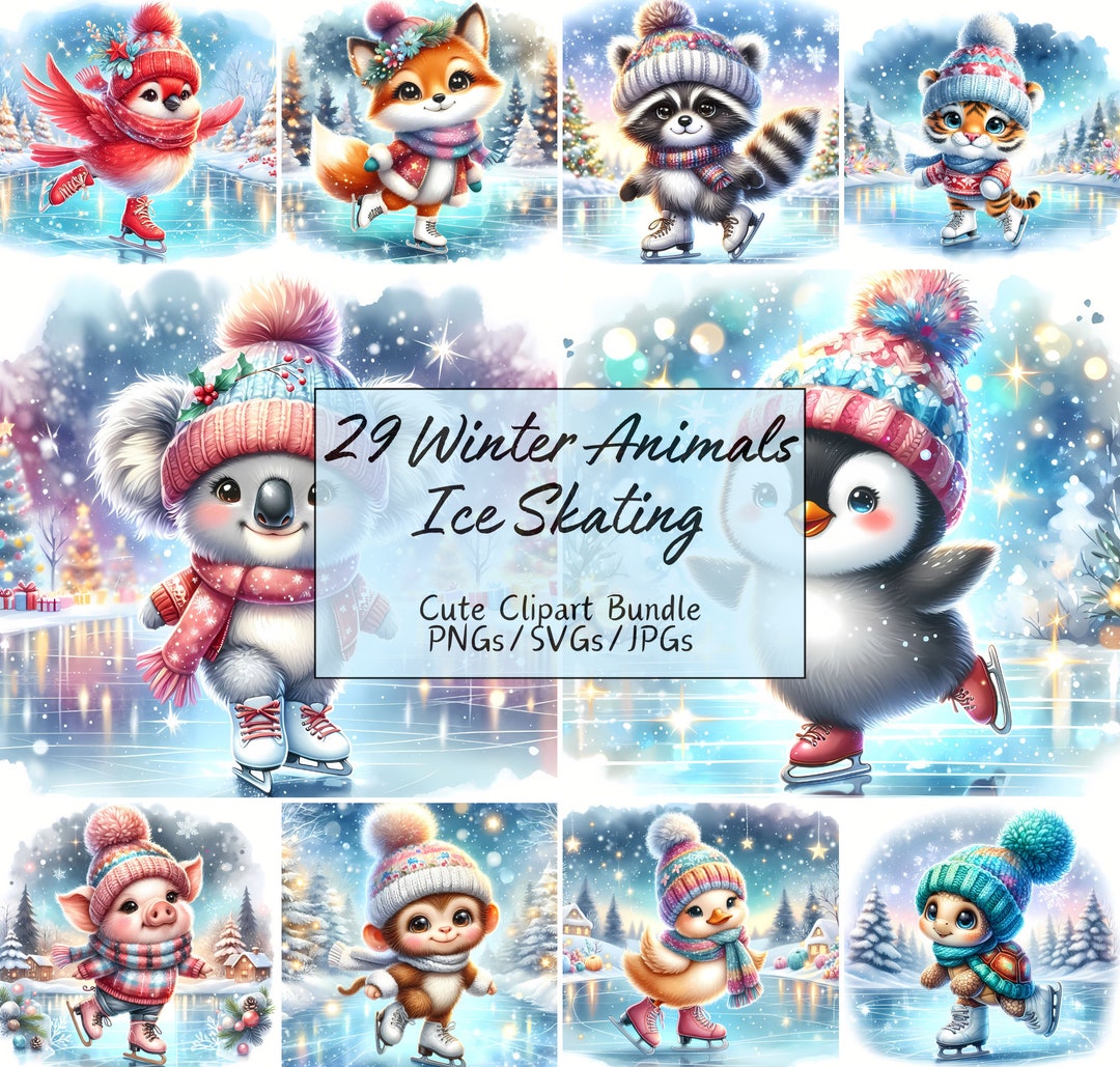 Cute Winter Animals Ice Skating Clipart Bundle, Festive Watercolor Clip ...