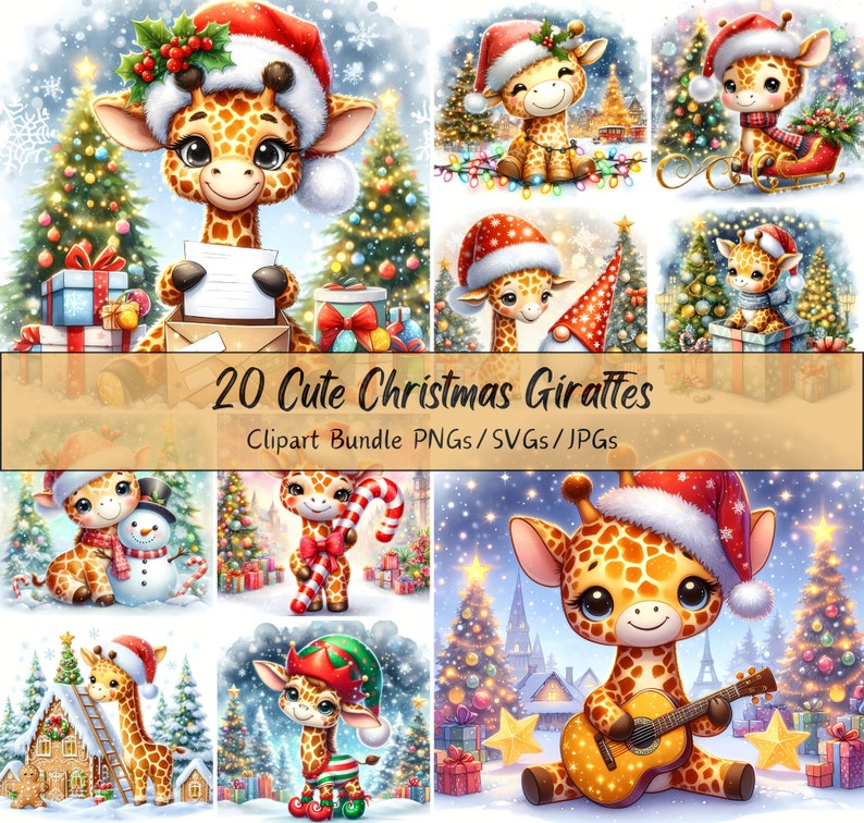 Cute Christmas Giraffes Clipart Bundle, Xmas Giraffe Clip Art Images ...