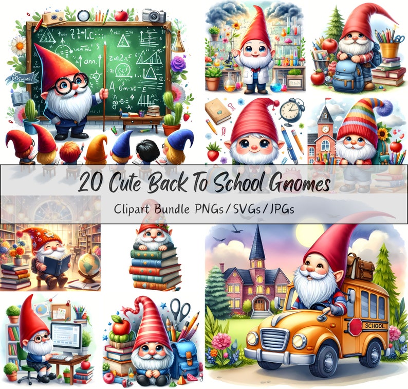 Cute Back to School Gnomes Clipart Bundle, Watercolor Gnome Clip Art ...