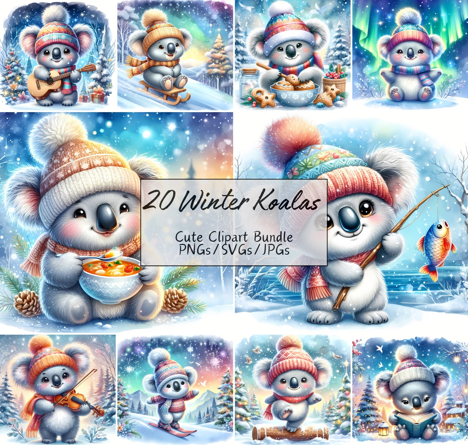 Cute Winter Koala Clipart Bundle, Festive Watercolor Clip Art Images ...