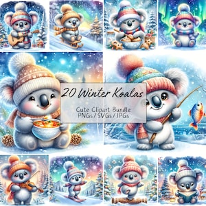 Cute Winter Koala Clipart Bundle, Festive Watercolor Clip Art Images ...