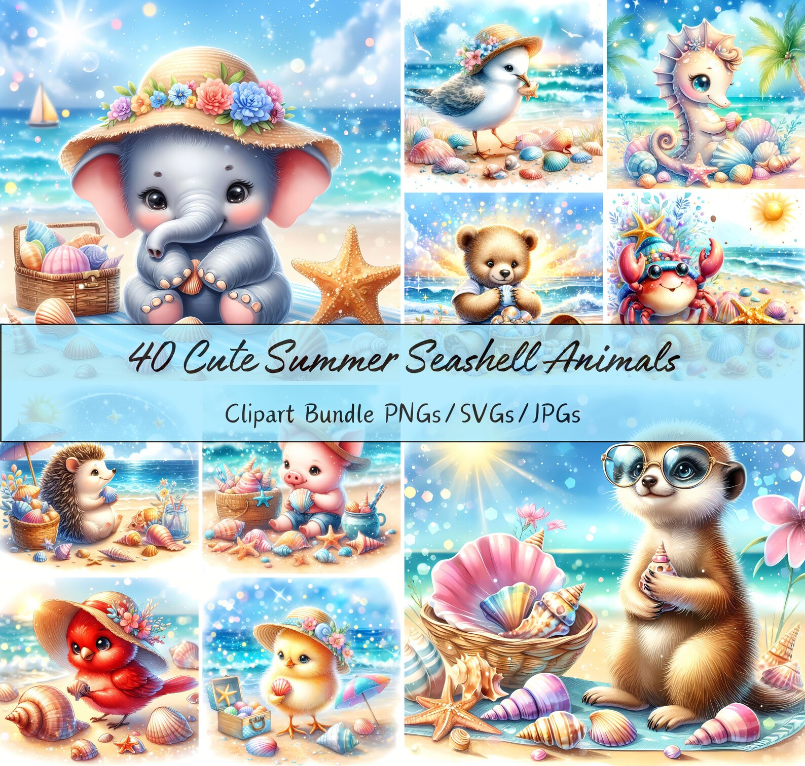 Cute Summer Seashell Animals Clipart Bundle, Watercolor Ocean Clip Art ...