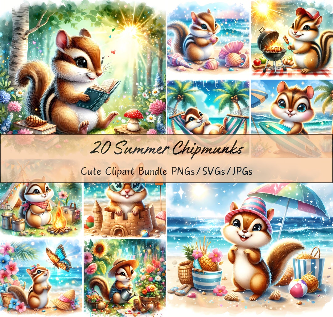 Cute Summer Chipmunks Clipart Bundle, Watercolor Chipmunk Clip Art ...