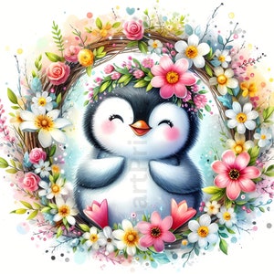 Cute Spring Penguins Clipart Bundle, Watercolor Clip Art Images, High ...