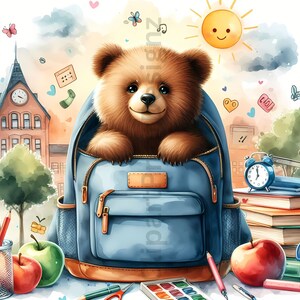 Cute Back to School Bears Clipart Bundle, Watercolor Bear Clip Art ...