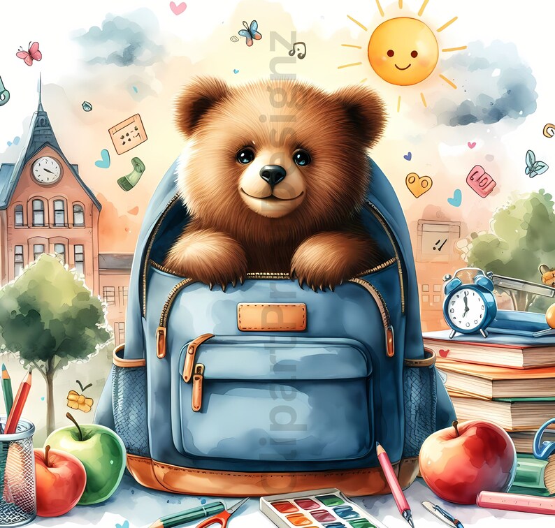 Cute Back to School Bears Clipart Bundle, Watercolor Bear Clip Art ...