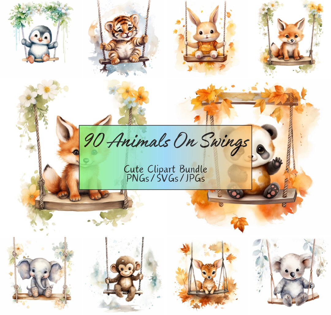 90 Cute Watercolor Animals on Swings, Baby Nursery Animal Clipart ...