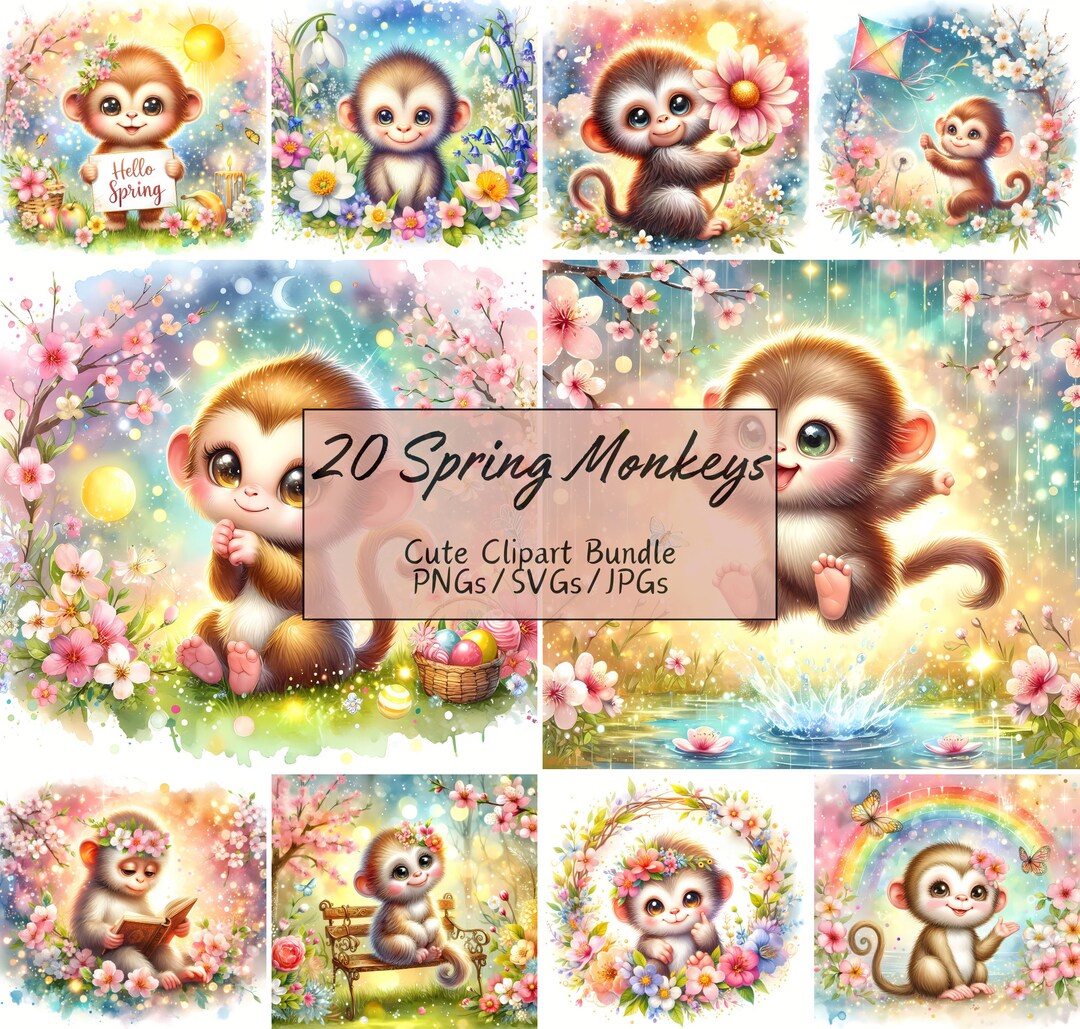 Cute Spring Monkeys Clipart Bundle, Watercolor Clip Art Images, 20 High ...